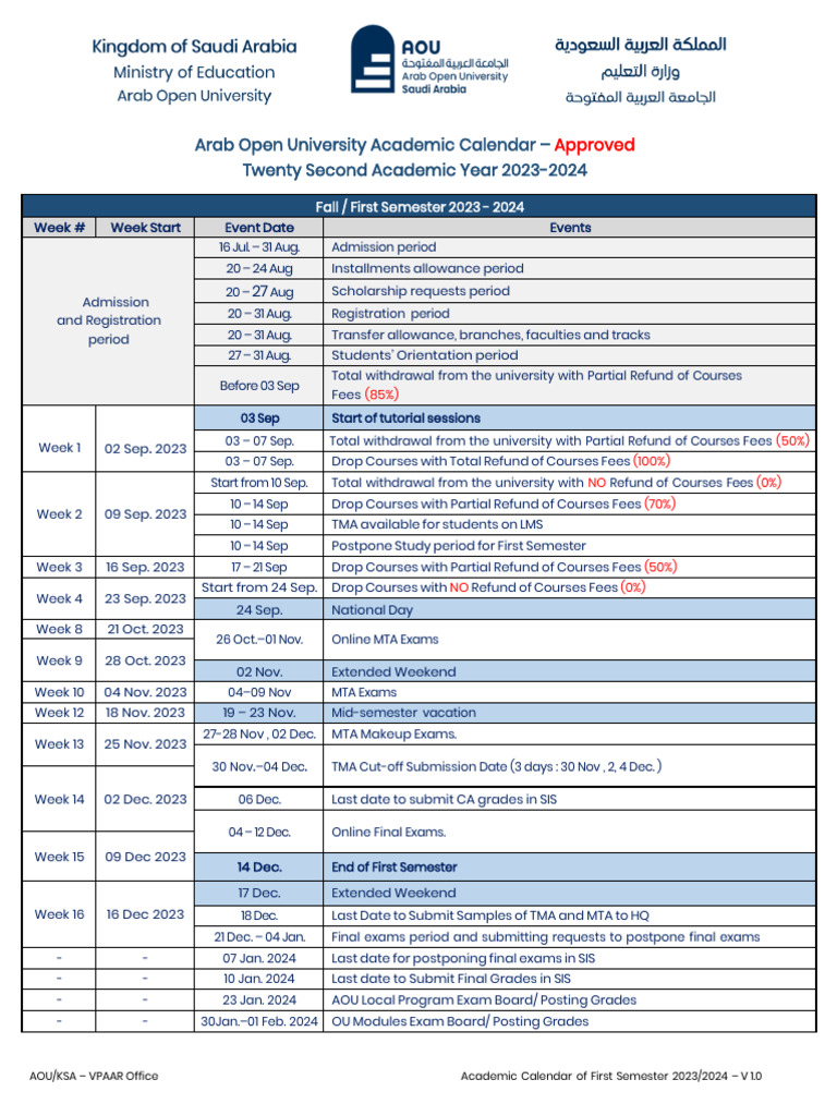 Academic Calendar of First Semester 2023-2024 - Approved | PDF ...