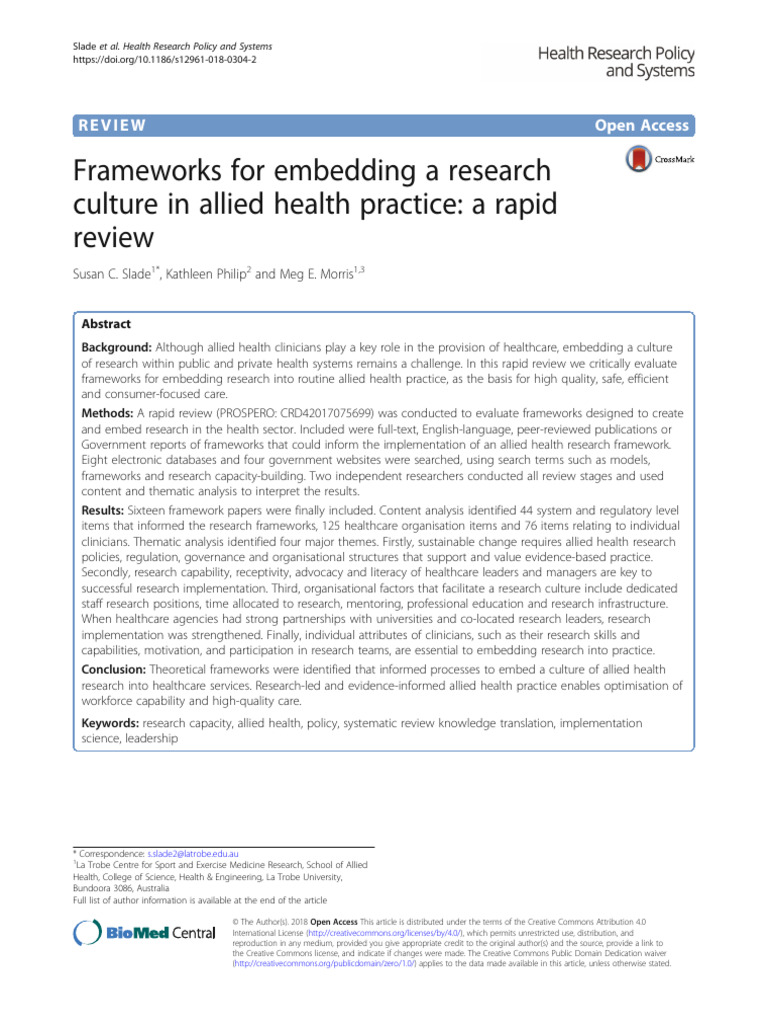 Frameworks For Embedding A Research Culture in Allied Health Practice ...