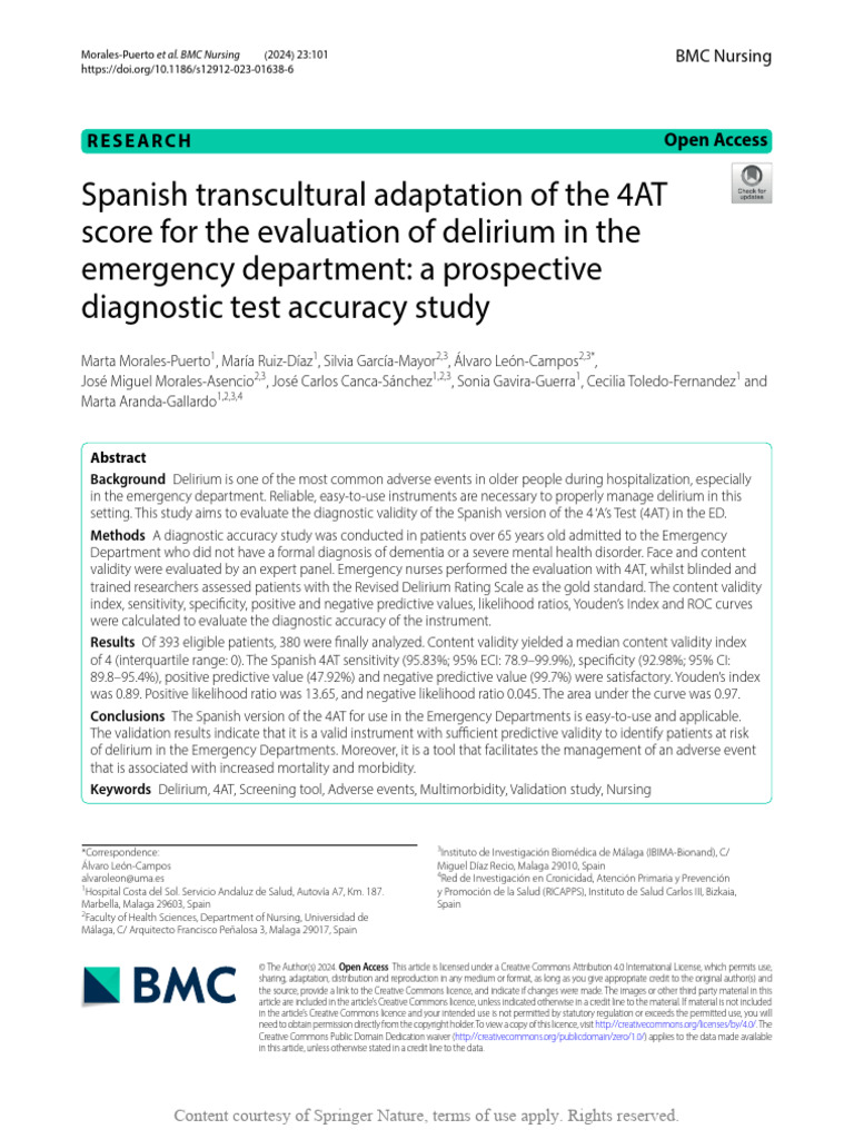 Spanish Transcultural Adaptation of The 4AT Score | PDF | Sensitivity ...