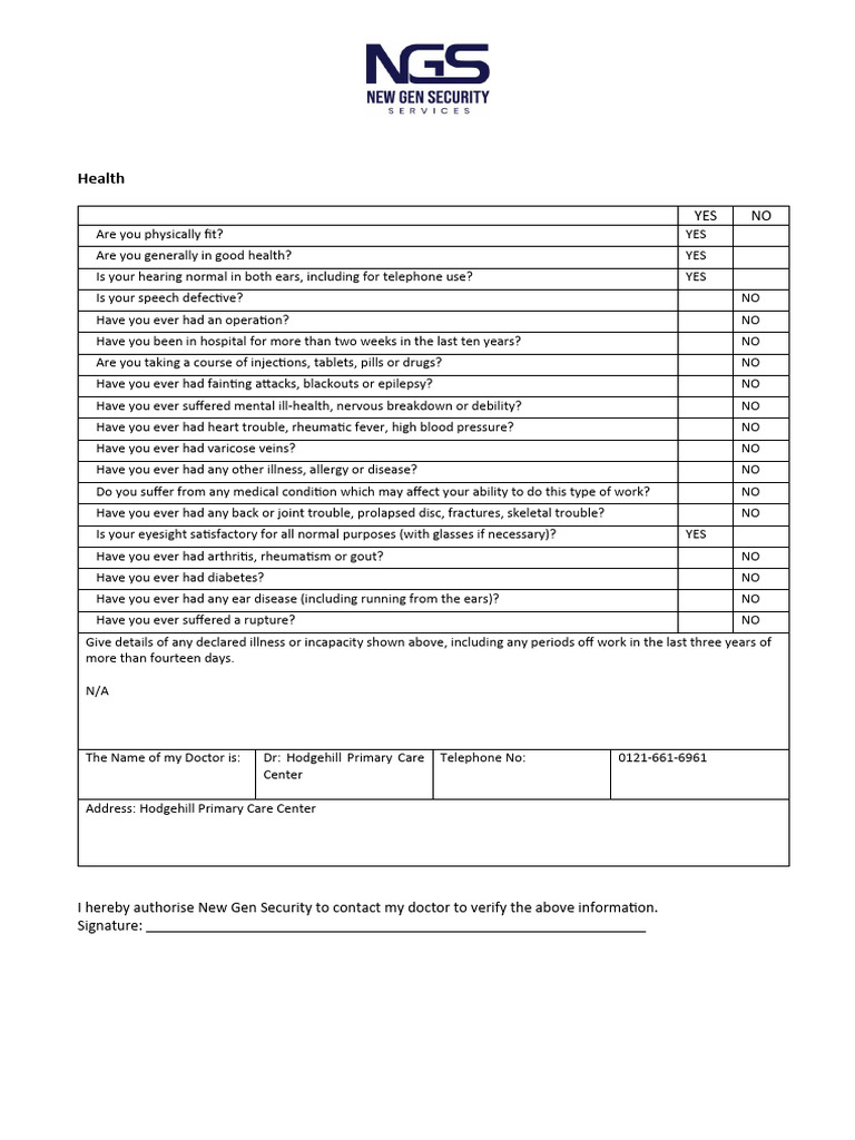 H08 Medical Questionnaire Health | PDF | Health Care | Epidemiology