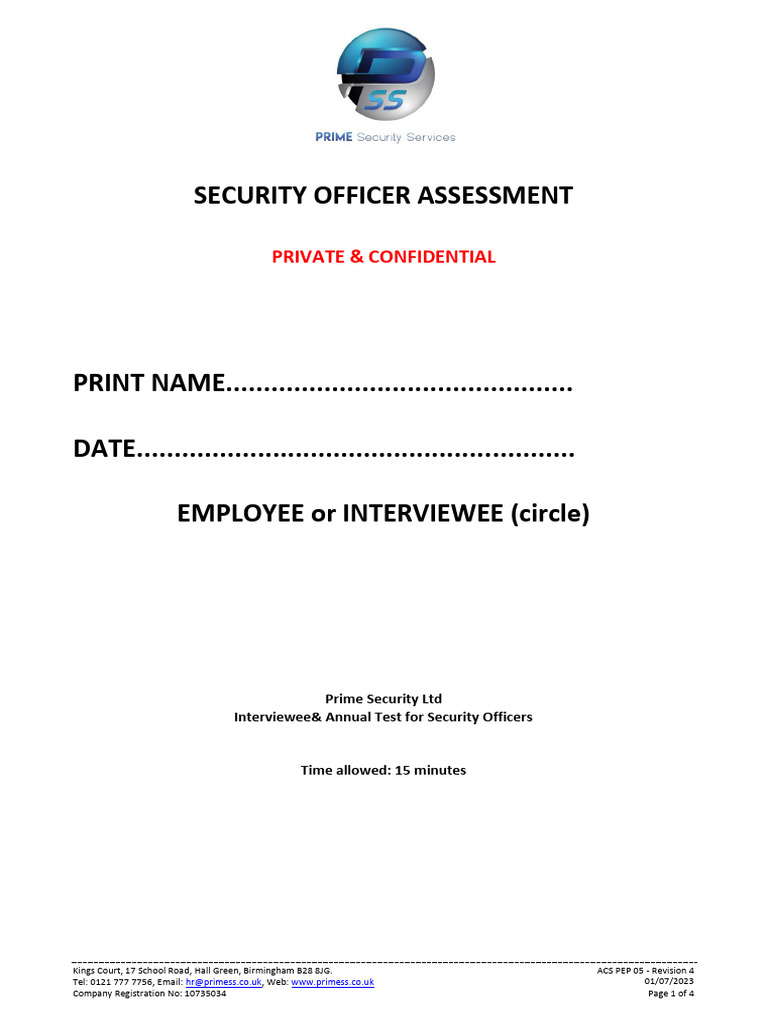 ACS PEP 05 Prime Security Guard Assessment | PDF | Security Guard ...