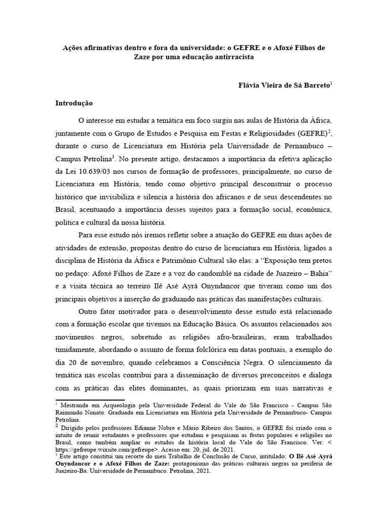 Ações Afirmativas Dentro e Fora Da Universidade: o GEFRE e o Afoxé ...