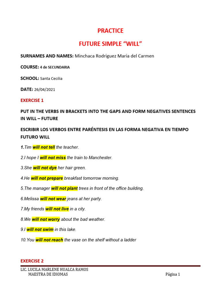 PRACTICO NEGATIVE AND INTERROGATIVA Maria MINCHACA | PDF