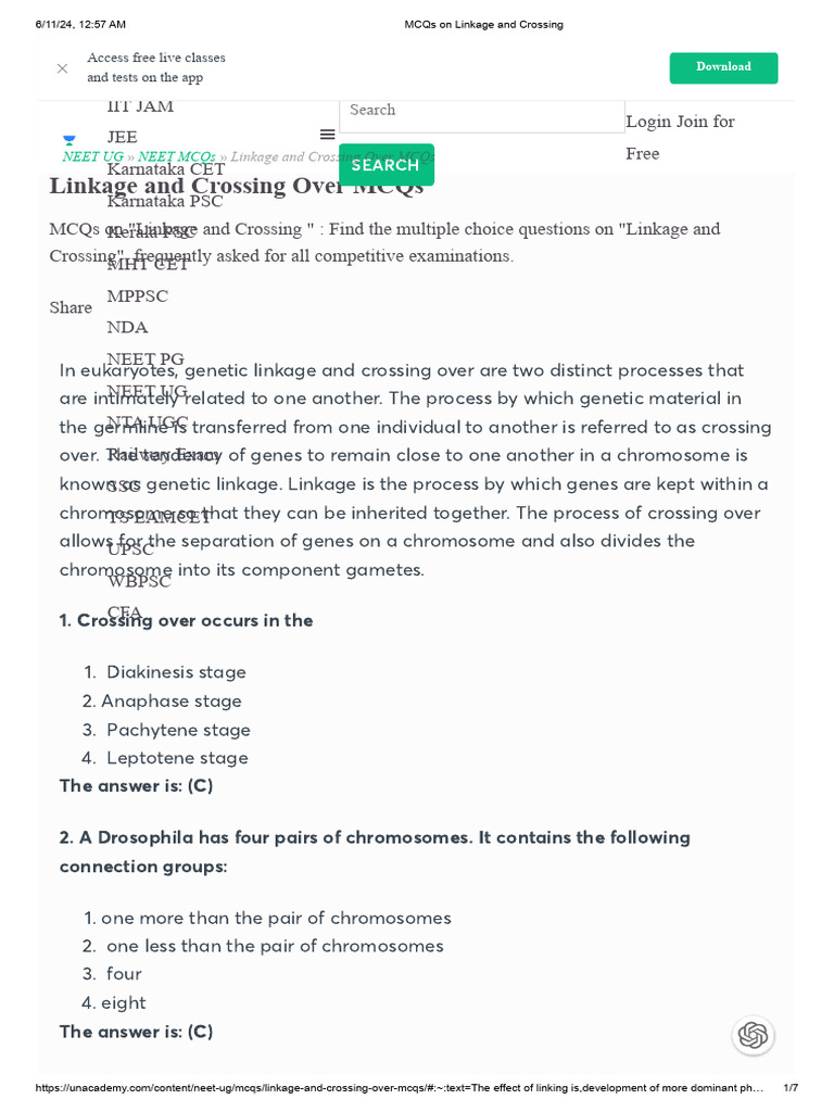 Linkage vs. Crossing Over MCQs | PDF | Genetic Linkage | Meiosis