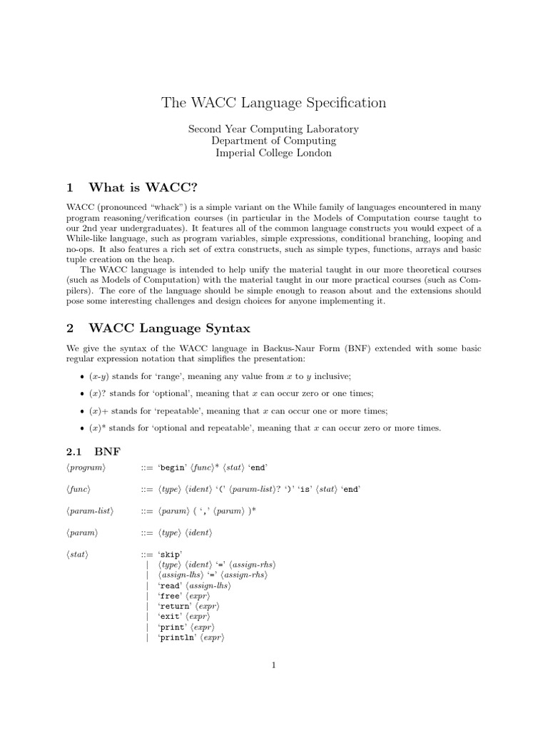 WACC Language Specification Guide | PDF | Programming Paradigms | Computer Science