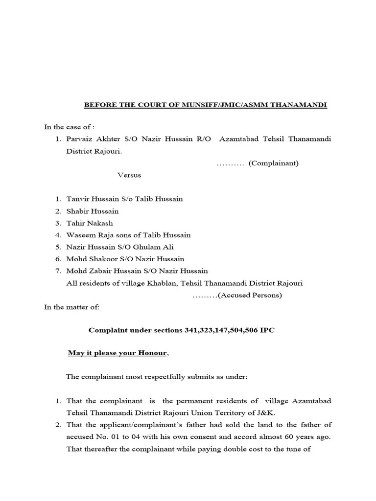 Complaint Under Section 341, 323 504, 506 IPC | PDF | Affidavit ...