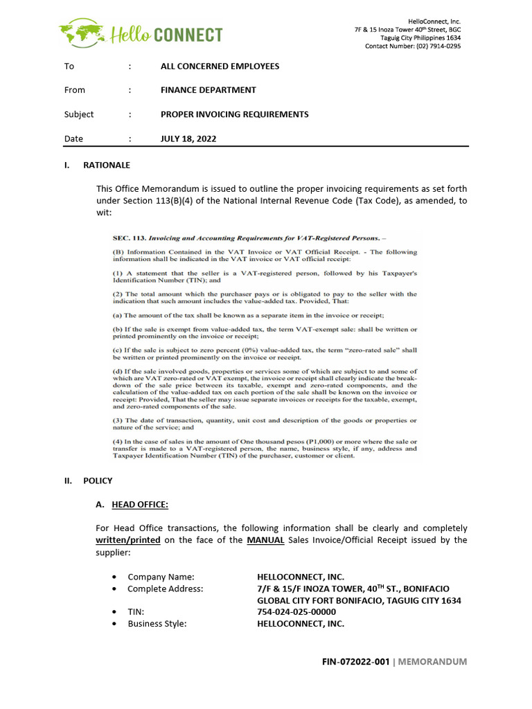 Internal Memorandum-FIN-072022-001 | PDF | Receipt | Value Added Tax