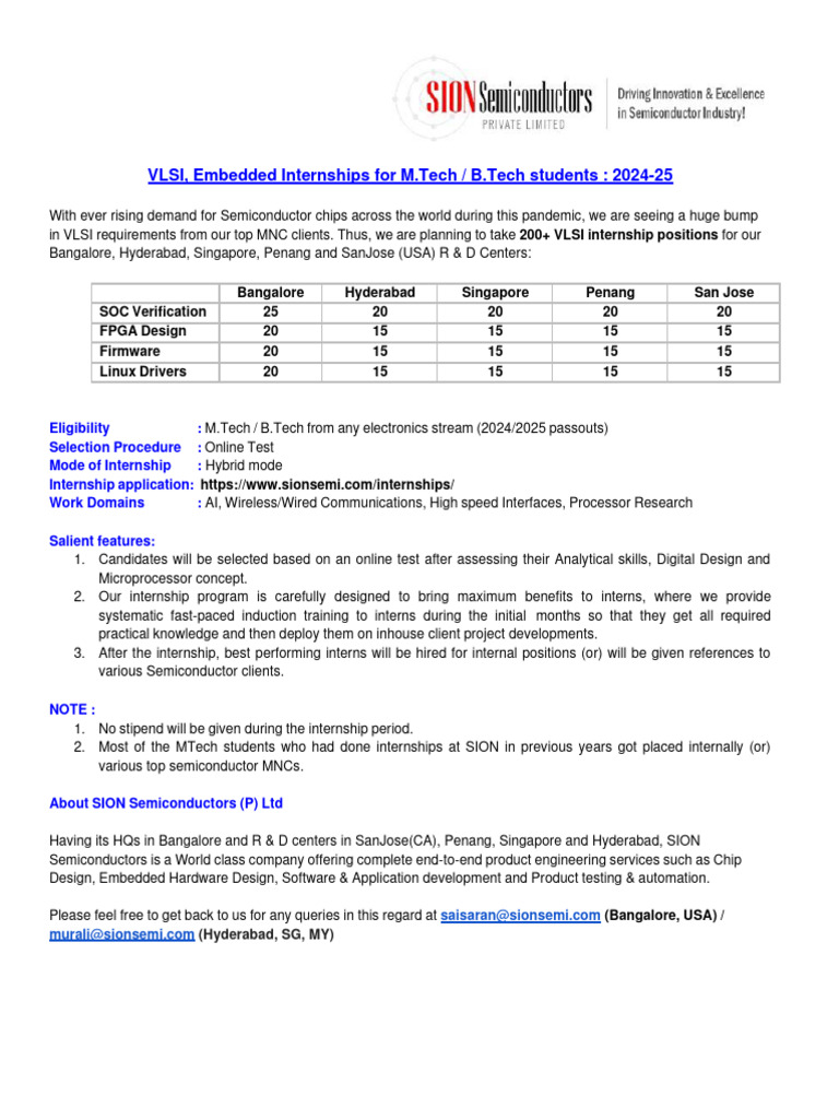 SION Internships 2024 Openings | PDF | Embedded System | System On A Chip