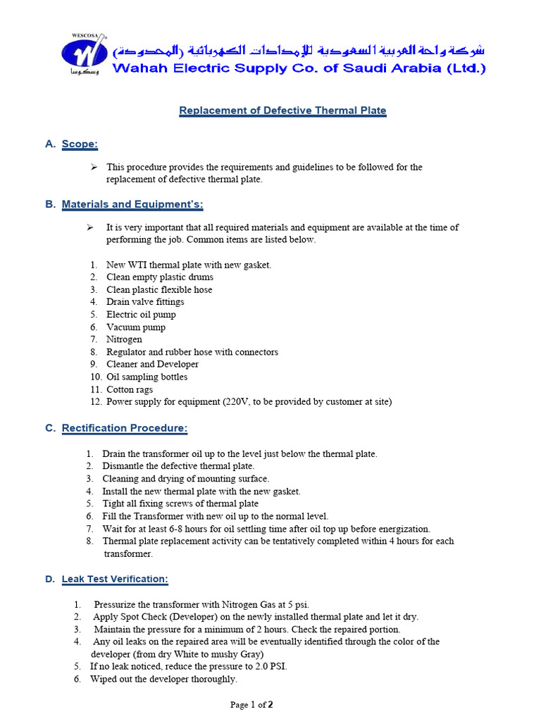 Repair Method Statement - Replacement of Transformer Defective Thermal ...