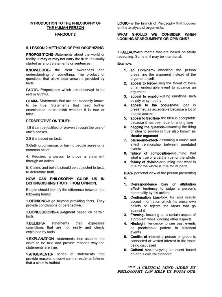 Philo Handout 2 Lesson 2 | PDF | Argument | Truth