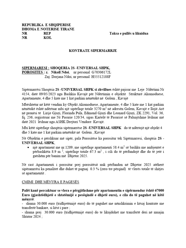Kontrate Sipermarrje Skender Ndertues Nikoll Ndoi | PDF