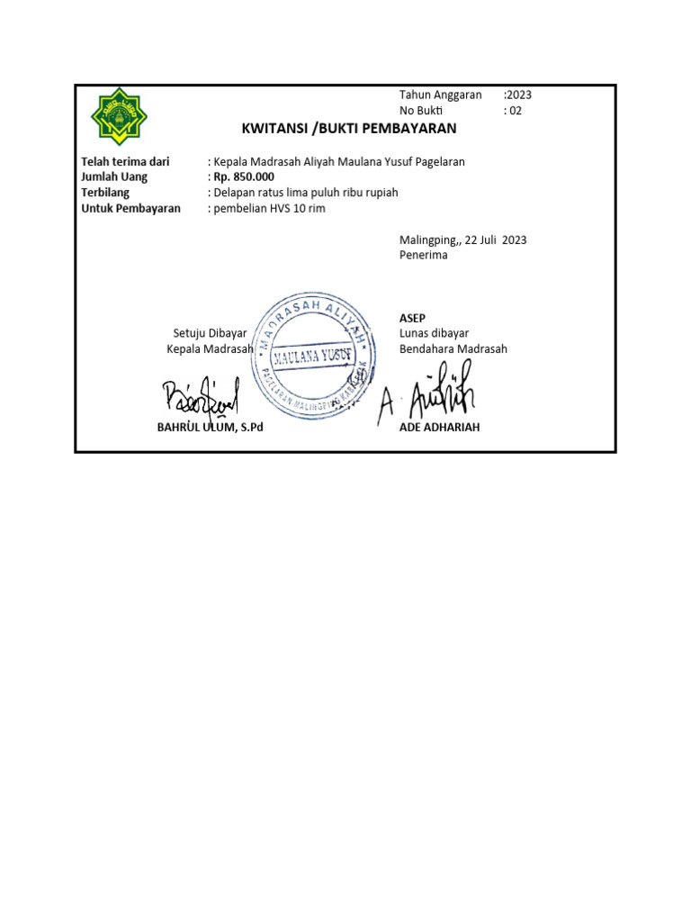 Contoh Model Kwitansi Bos | PDF