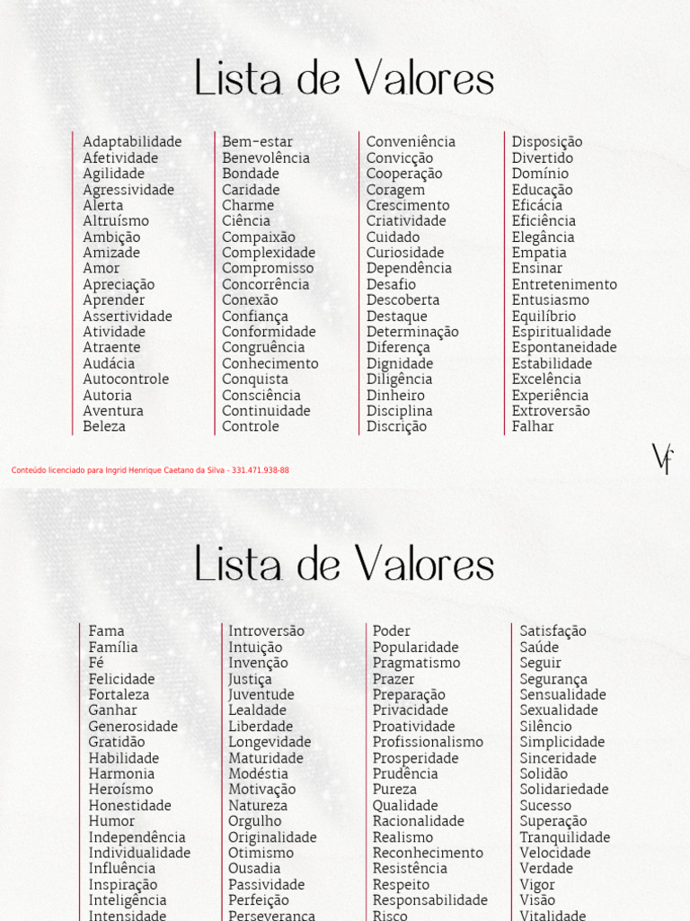 Lista de Valores | PDF | Psicologia | Psicologia Social