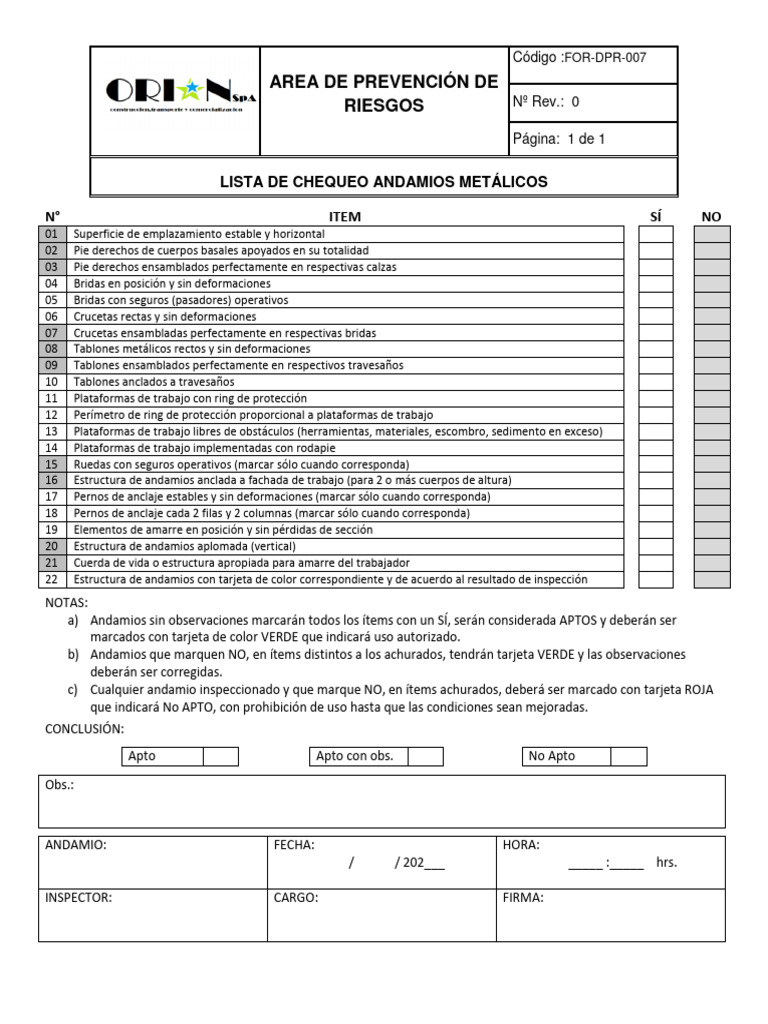 FOR-DPR-007 Lista chequeo andamios | PDF