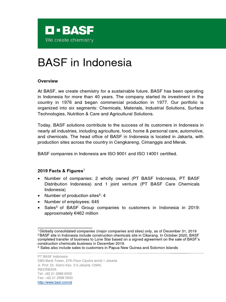 BASF in Indonesia Backgrounder - Nov 2020 | PDF | Indonesia | Physical Sciences