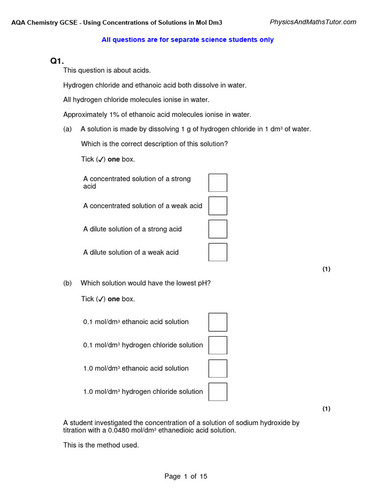 Using Concentrations of Solutions in Mol Dm3 QP - AQA Chemistry GCSE ... Using Concentrations of Solutions in Mol Dm3 QP - AQA Chemistry GCSE ...