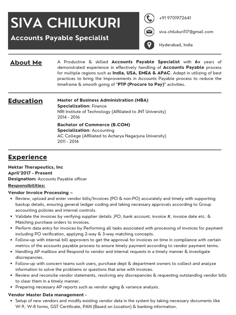 CV - Siva Chilukuri - AP Specialist - 2024 | PDF | Accounts Payable | Business