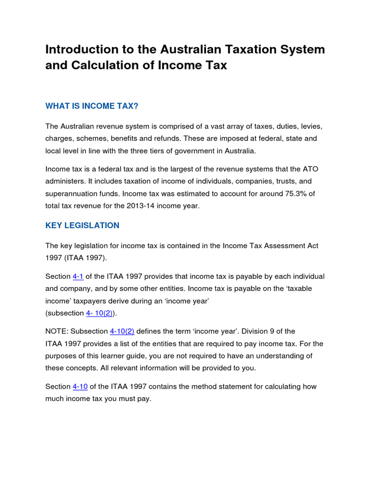 Introduction To The Australian Taxation System and Calculation of ...