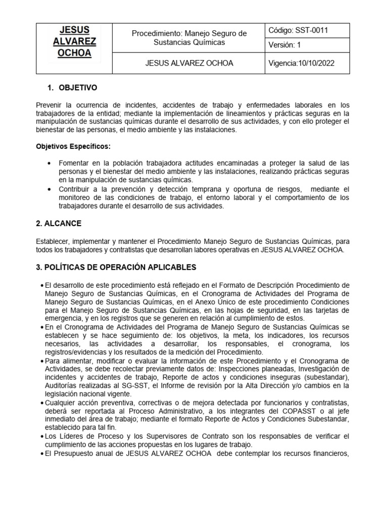 PROCEDIMIENTO MANEJO SEGURO DE SUSTANCIAS QUÍMICAS | PDF PROCEDIMIENTO MANEJO SEGURO DE SUSTANCIAS QUÍMICAS | PDF