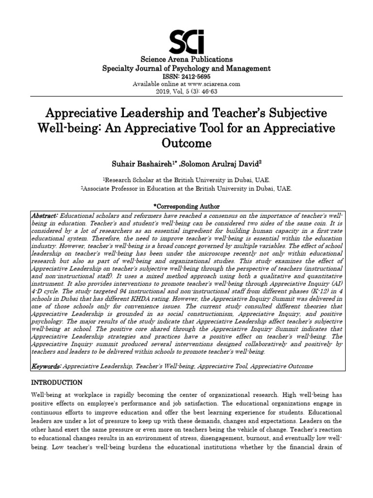 Appreciative Leadership and Teachers Subjective Well Being An ...