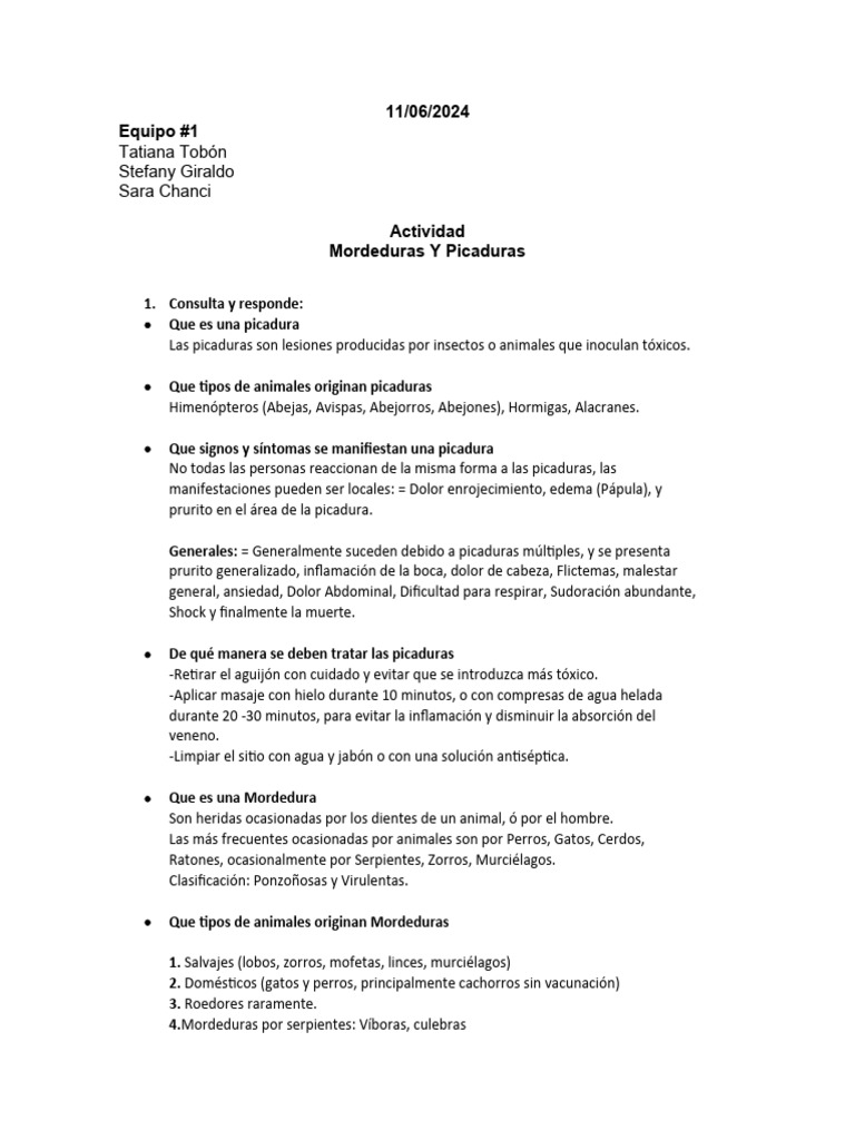 Manejo de Mordeduras y Picaduras | PDF | Avispa | Enfermedades y trastornos