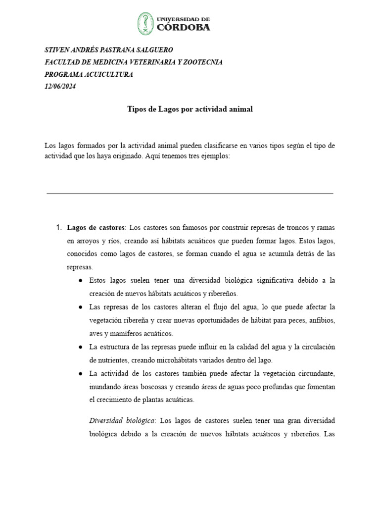 Lagos Por Actividad Animal (BEAVER LAKE, PARQUE HWANG,) | PDF | lago ...