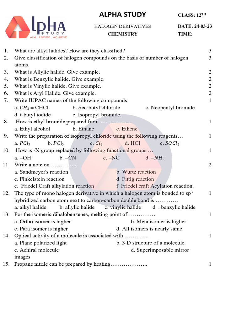 Halogen Derivative Worksheet | PDF | Chemical Compounds | Chemistry