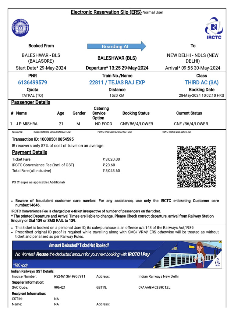 Tejas Raj Exp Third Ac (3A) | PDF | Payments