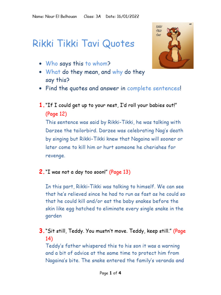 Rikki Tikki Tavi Answering Quotes_Nour El Belhouan | PDF