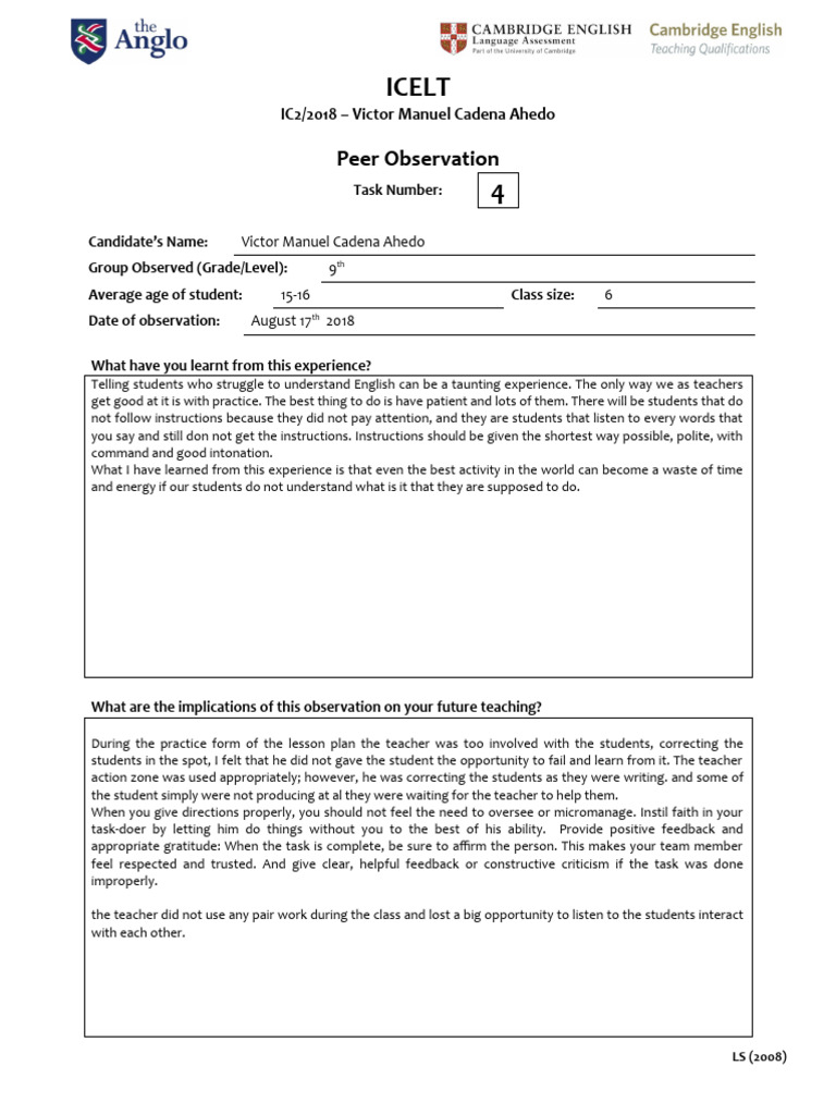 ICELT Peer Observation Task 4 | PDF | Teachers | Reading Comprehension