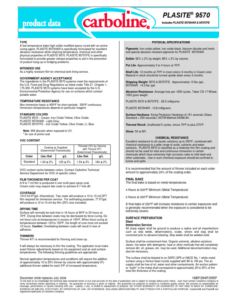 Plasite 9570 & HAR & TFE PDS 12-08 | PDF | Corrosion | Materials