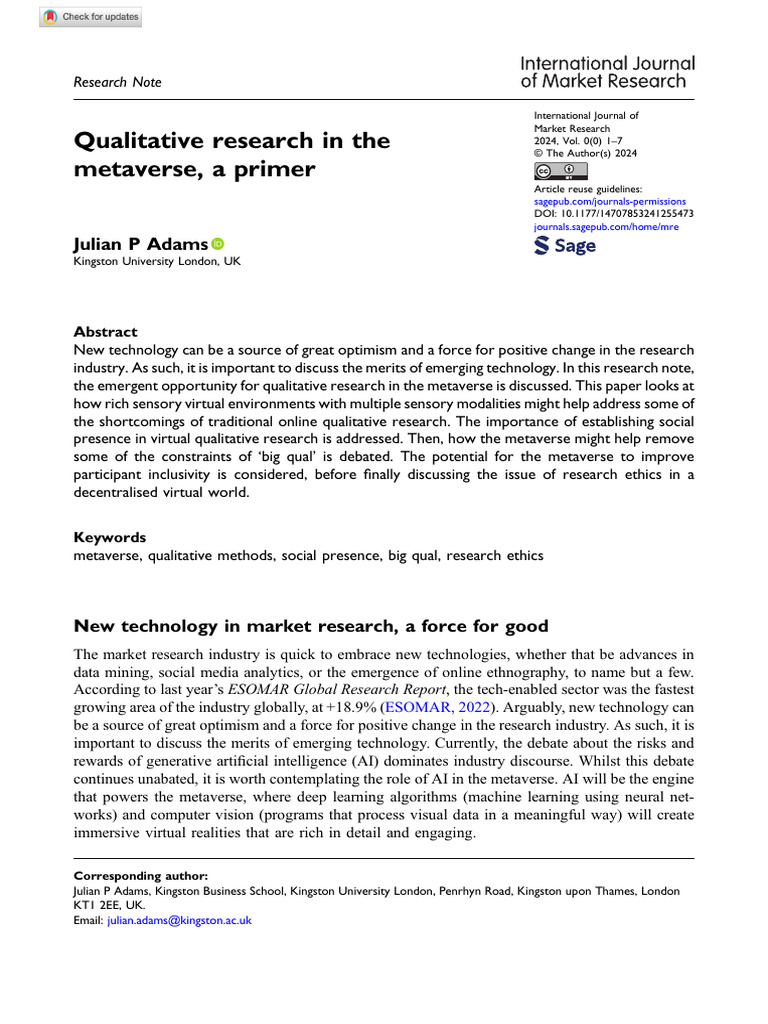 Qualitative Research in the Metaverse | PDF | Artificial Intelligence ...