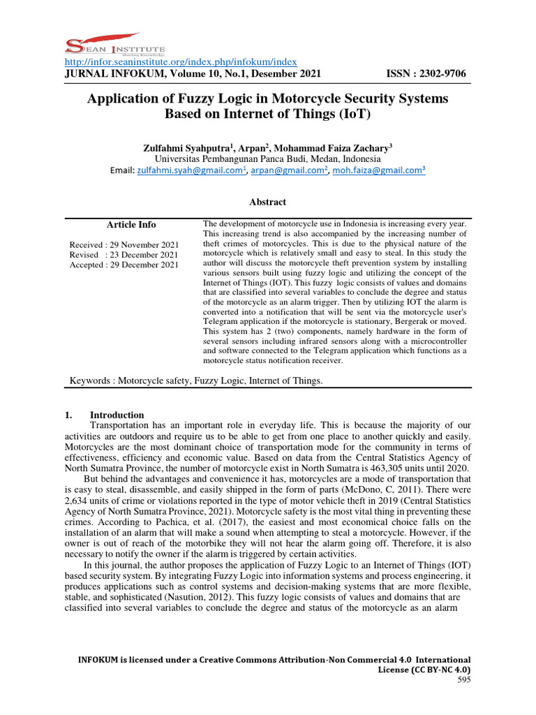 Application of Fuzzy Logic in Motorcycle Security Systems Based On Internet of Things (IoT ...