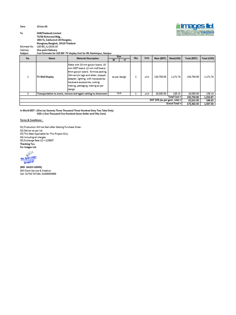 2024-19 Cost Estimate For LGE-BD - TV Display Unit For RIL Kashimpur ...