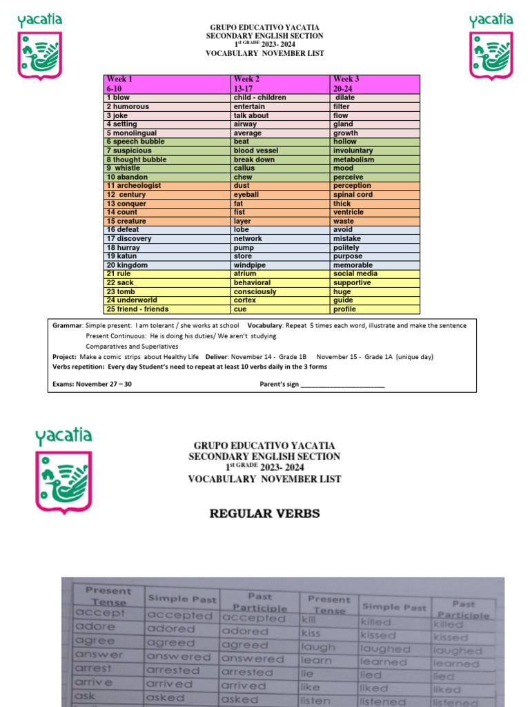 November Vocabulary List for 1st Grade | PDF | Vocabulary | English ...