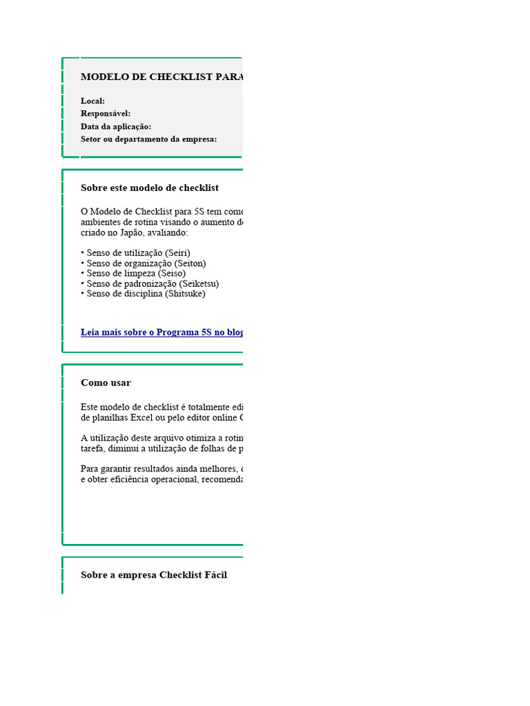 Modelo de Checklist 5S Editável | PDF | Padronização | Inovação