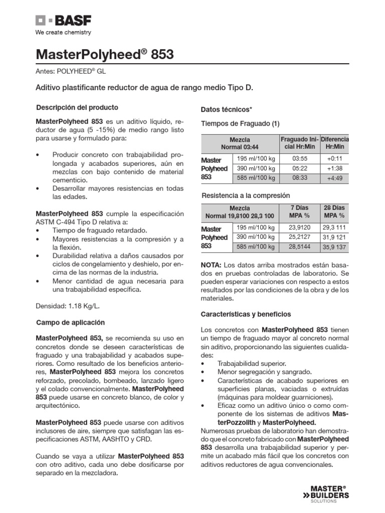 Basf Masterpolyheed 853 Tds | PDF | Hormigón | Materiales