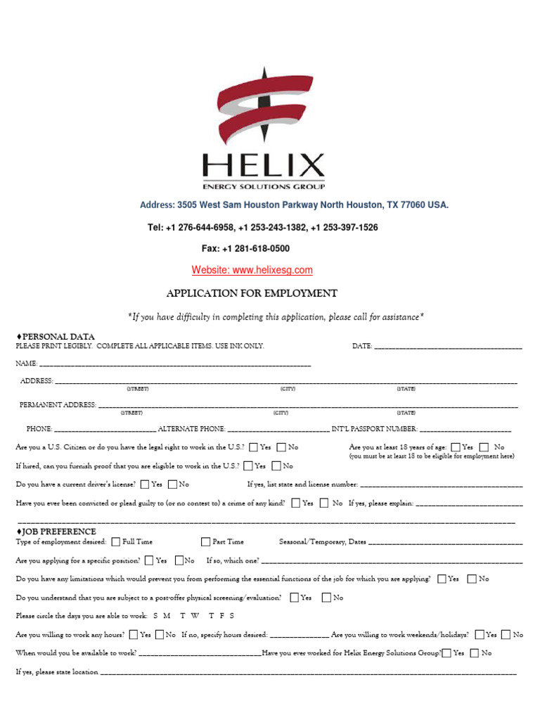 Helix Energy Solutions Group - Employment Application Form | PDF