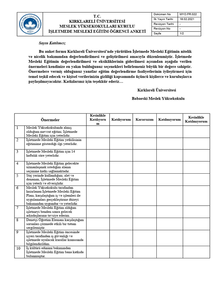 Ogrenci Degerlendirme Anketi | PDF