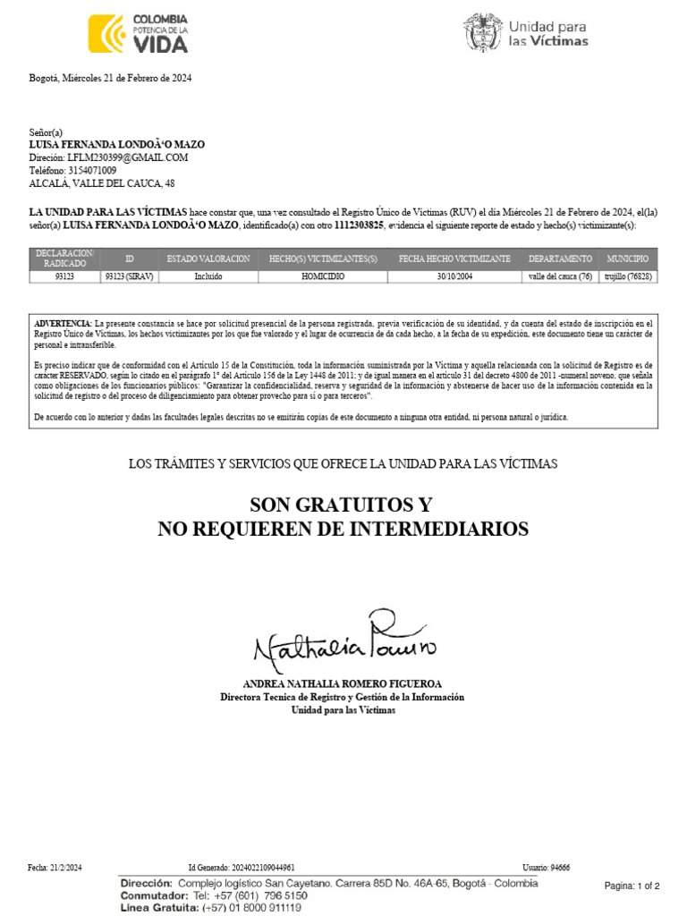 Constancia Registro Víctimas Luisa Londoño | PDF | Documento de identidad