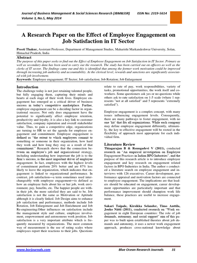 A Research Paper On The Effect of Employee Engagement On IT Sectors ...