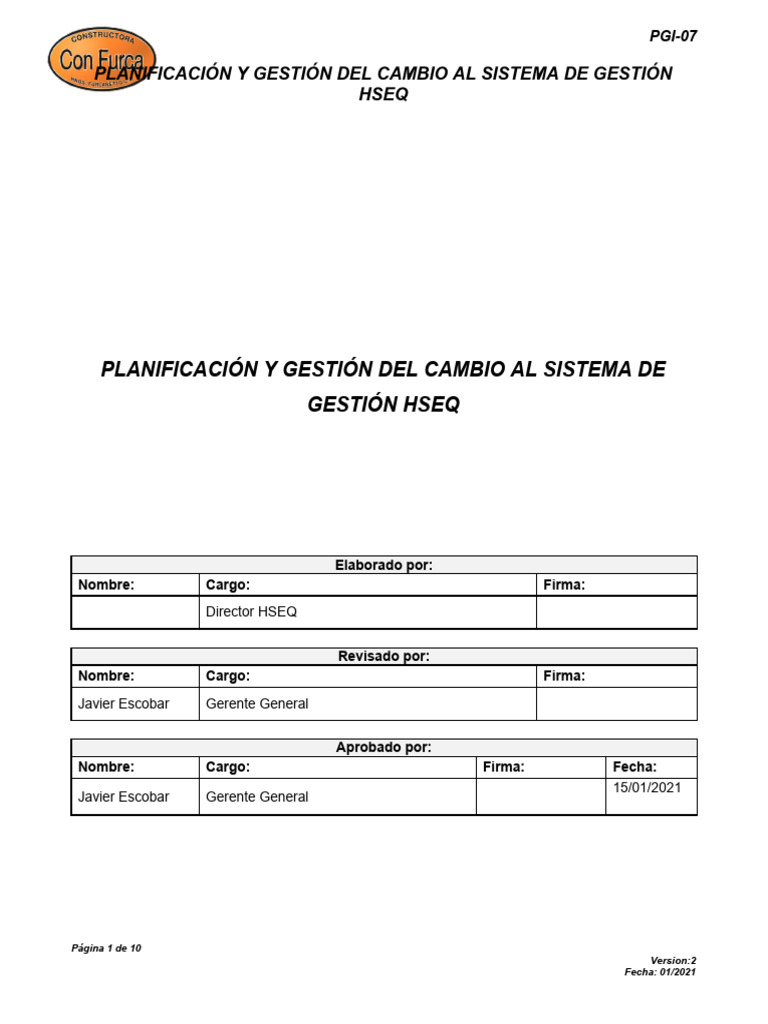 Planificaciòn Y Gestion Del Cambio Al Sistema Hseq Descargar Gratis