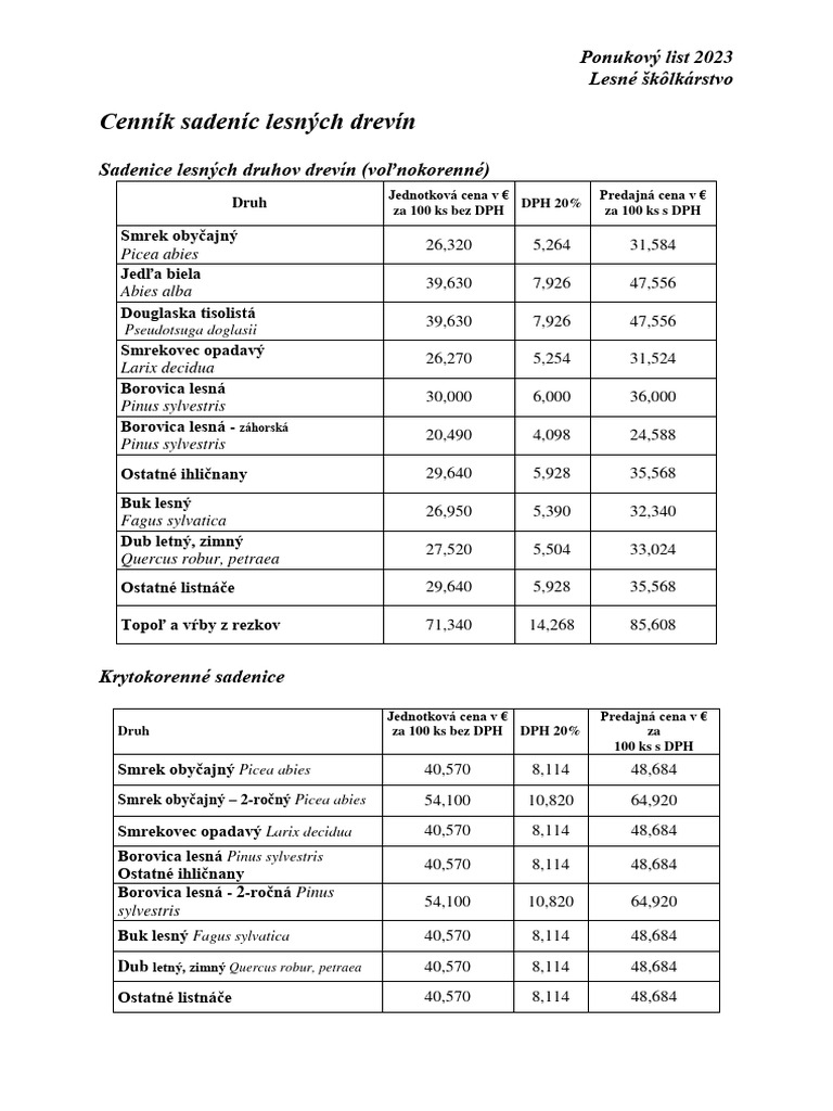 Cennik Hospod Dreviny | PDF