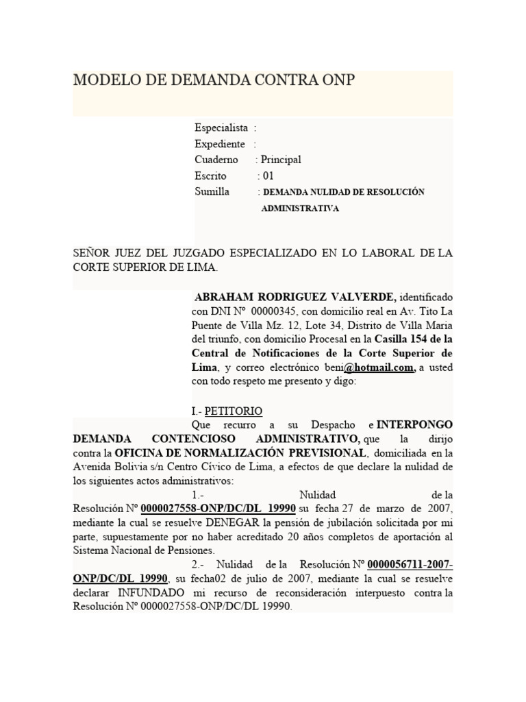Modelo de Demanda Contra Onp | PDF | Demanda judicial | Pensión
