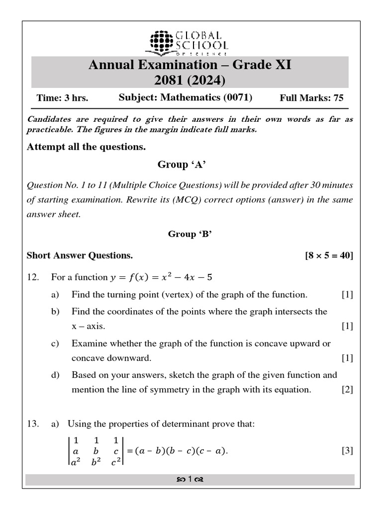 Grade XI Mathematics Exam Paper 2024 | PDF | Multiple Choice | Mathematics
