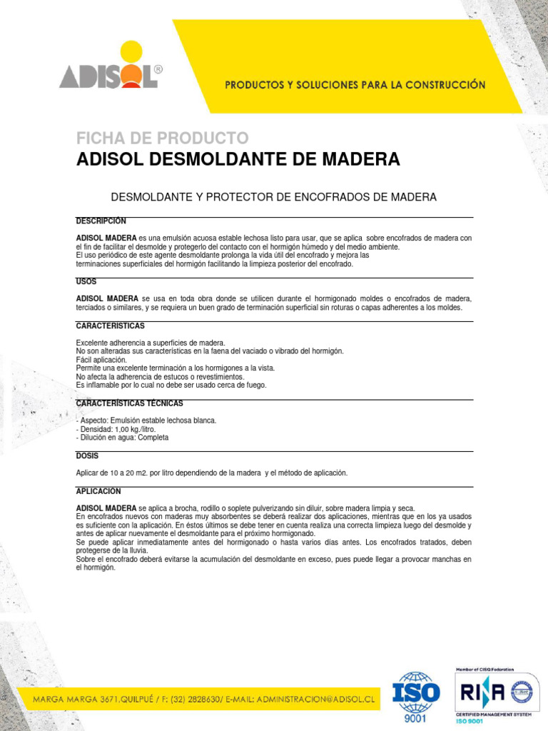 Ficha Técnica ADISOL DESMOLDANTE MADERA | PDF | Hormigón | Madera