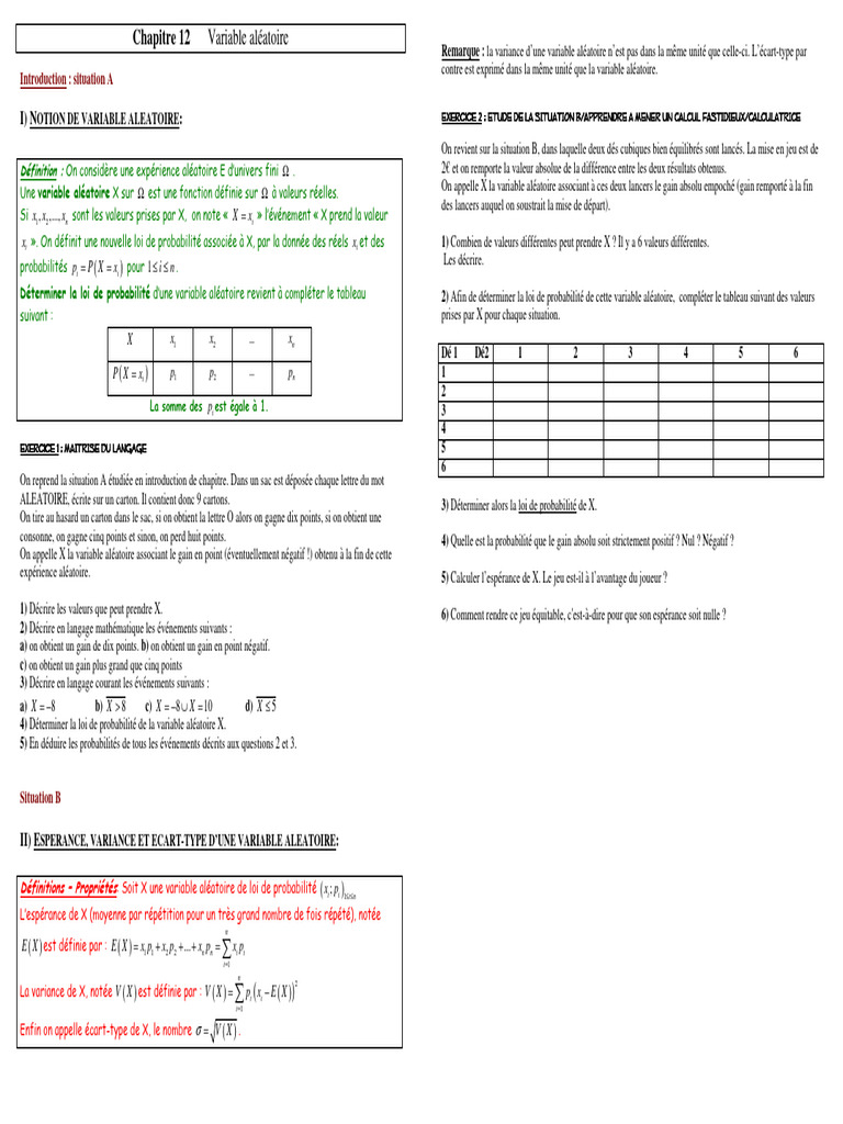 Chap 12 Poly Élève | PDF | Variable aléatoire | Espérance mathématique