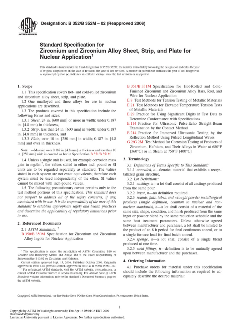 ASTM B352-B352M-Standard Specification For Zirconium and Zirconium ...