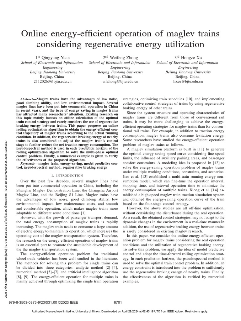 Online Energy-Efficient Operation of Maglev Trains Considering Regenerative Energy Utilization ...