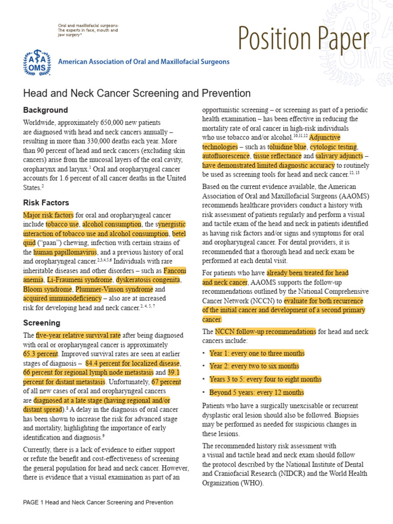 HeadNeckCancerScreening PositionPaper | PDF | Head And Neck Cancer | Cancer
